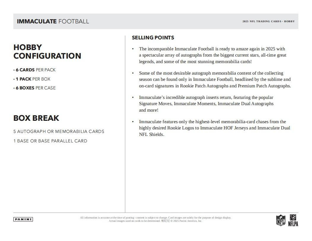 PRE-ORDER 2025 Panini Immaculate Football Hobby Box – Mojobreak Shop